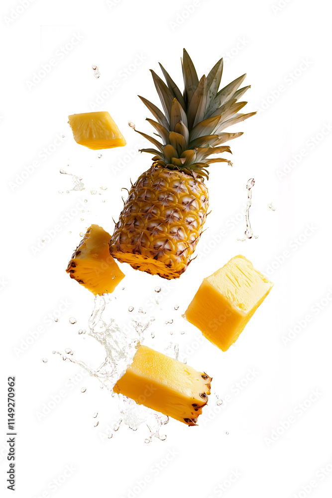 Floating pineapple chunks with bright yellow flesh, textured skin, and ...