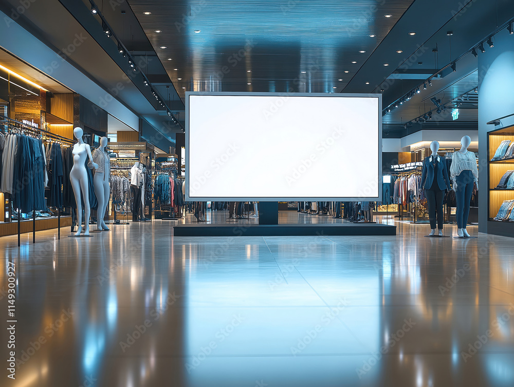 Modern department store interior. Large blank white screen awaits ...
