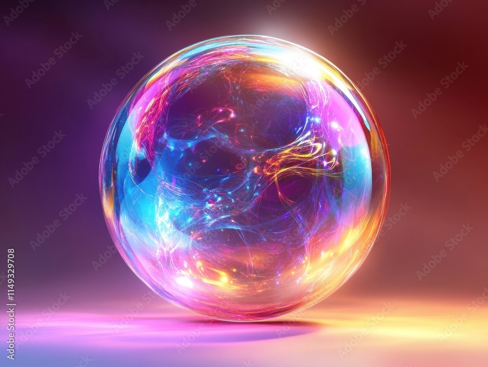 A colorful, glowing sphere with a blue center. The sphere is surrounded ...