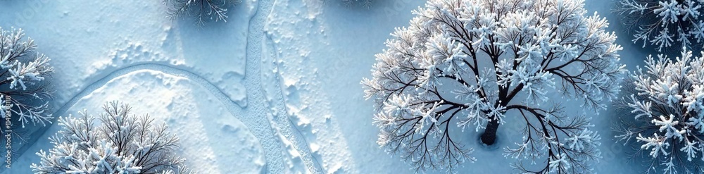 Overhead view of a black privet tree covered in snow and ice, overhead ...