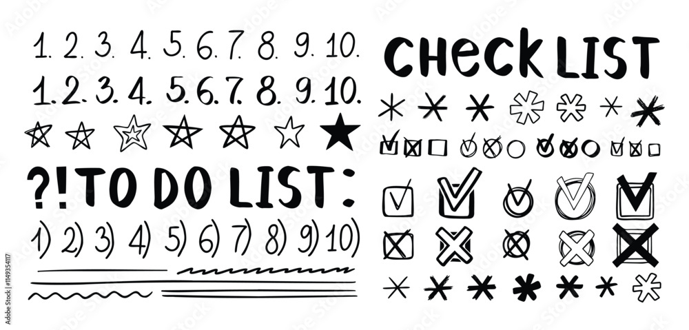 Doodle checklist, hand drawn check marks, asterisks and numbers. To do ...