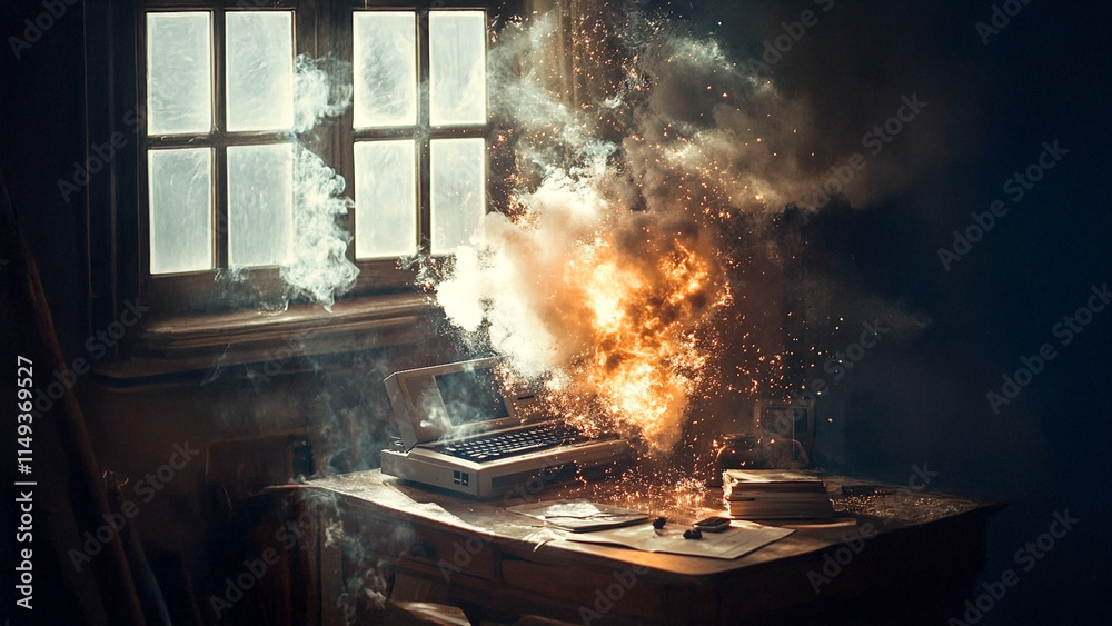 A computer screen with smoke coming out of it. Computer explosion room ...