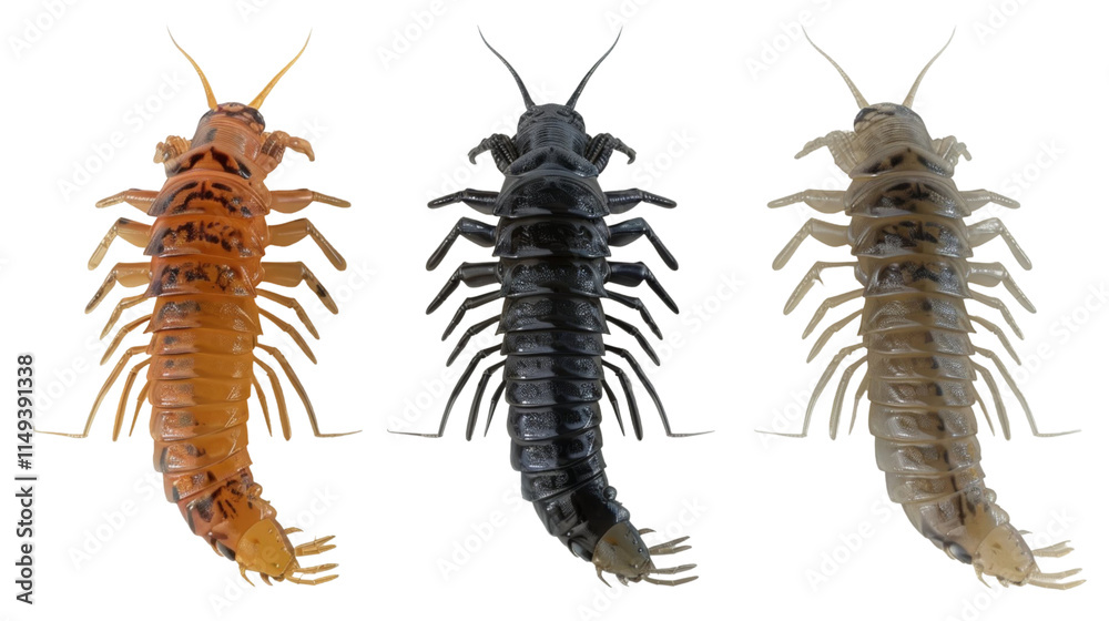 Three isopods in orange, gray, and beige, dorsal view, isolated on ...