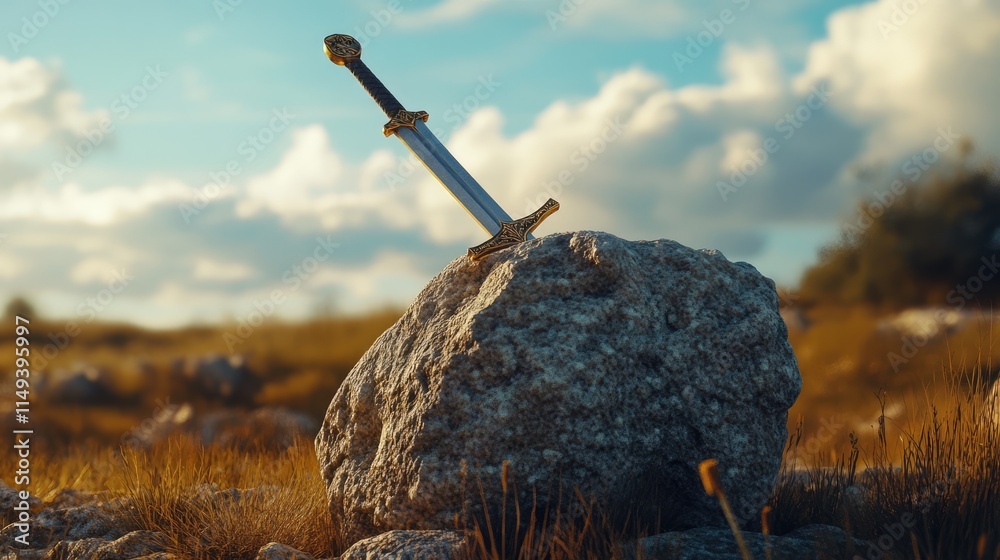Sword stuck in a rock like in the Excalibur legend , the mythical sword ...
