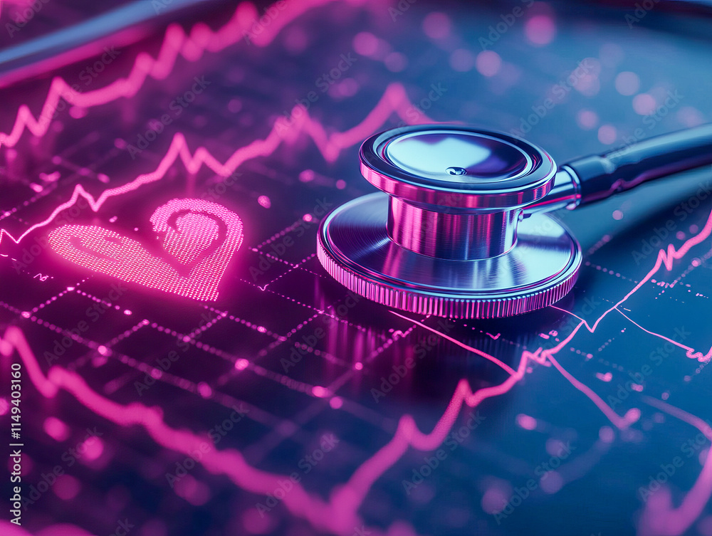 Stethoscope on ecg heartbeat display with neon heart symbol Stock Photo ...