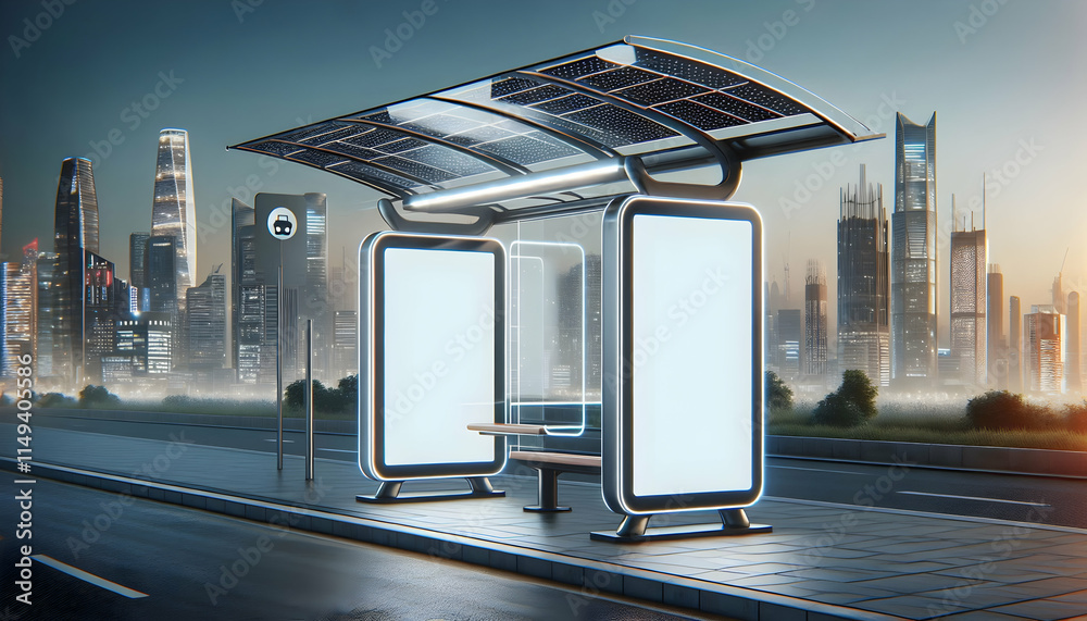 Billboard A futuristic bus stop with two illuminated blank ad boards ...