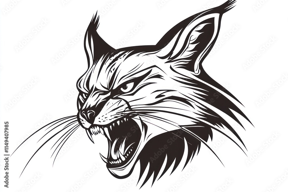 Angry bobcat head illustration with lines, open mouth. Stock ...