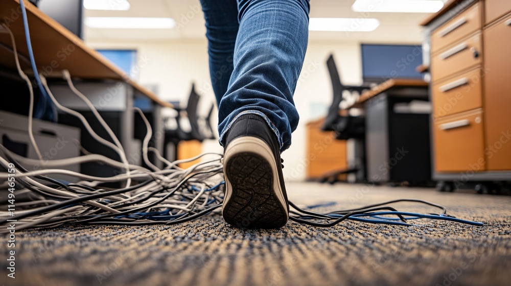 Walking Over Messy Office Cables and Wires Chaos Stock Photo | Adobe Stock