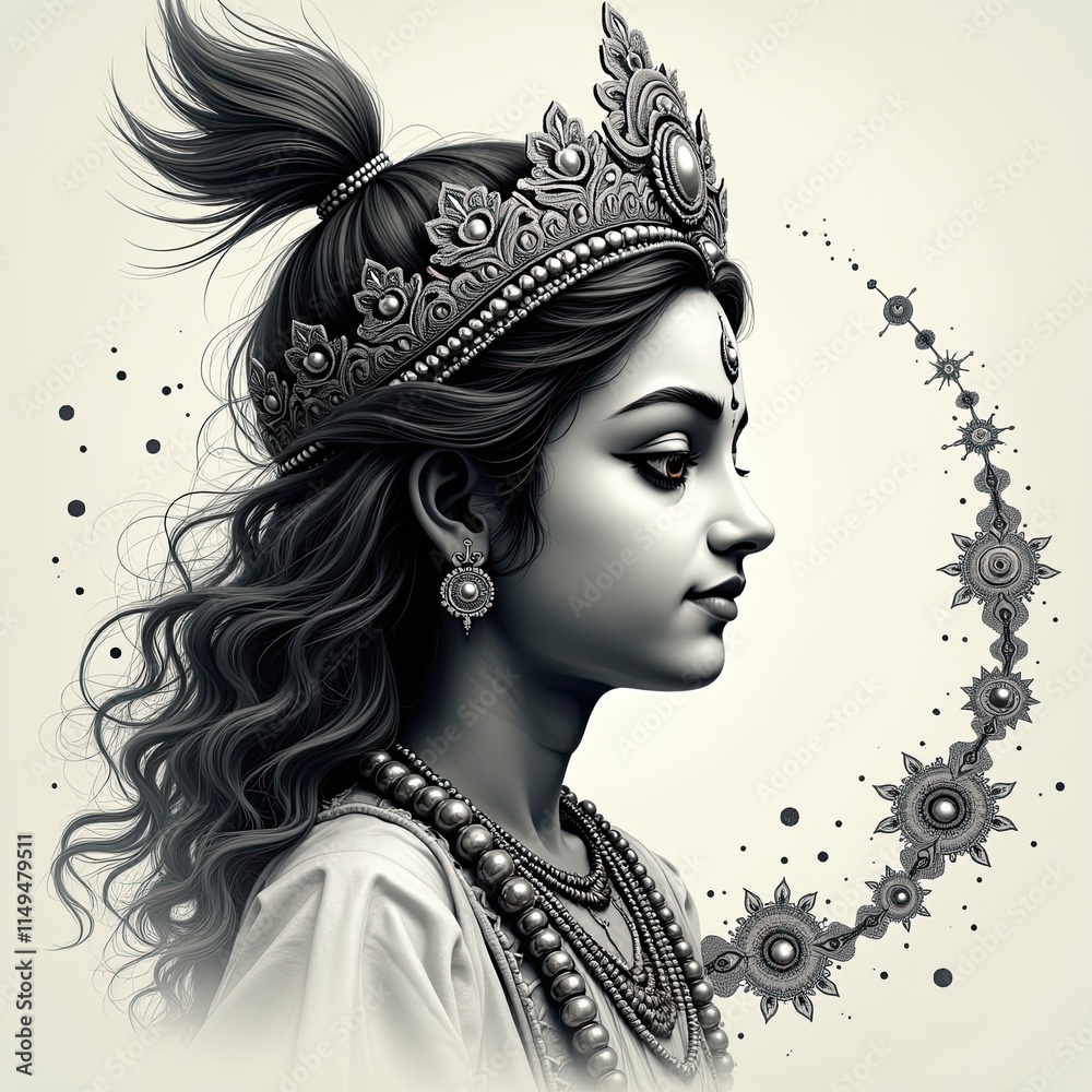 Fractal-style sketch of Lord Krishna with his image breaking into ...