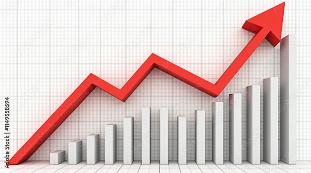 A large red arrow points downwards over a gridded financial chart ...