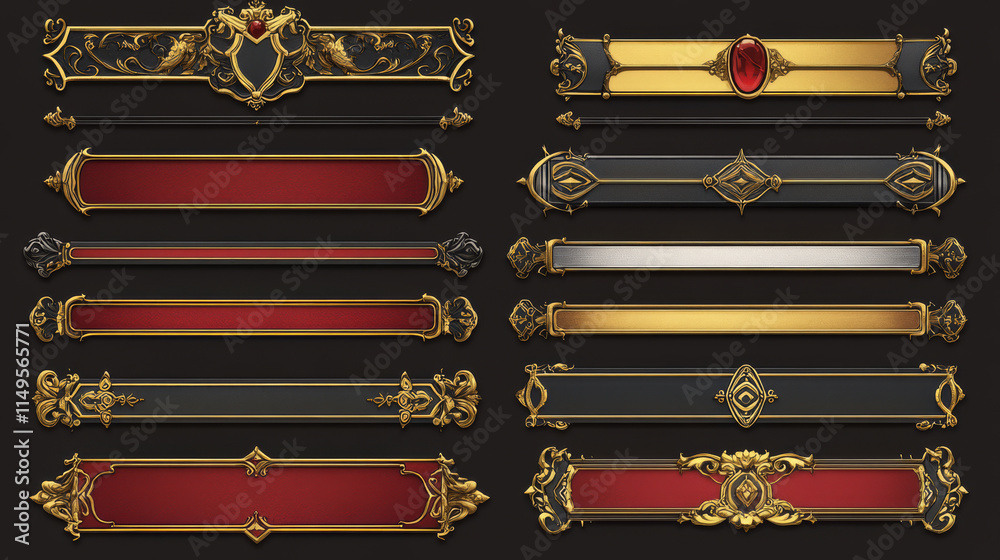 Medieval game menu frames, ui elements, buttons, gold, silver and red banners with ornate rims ...