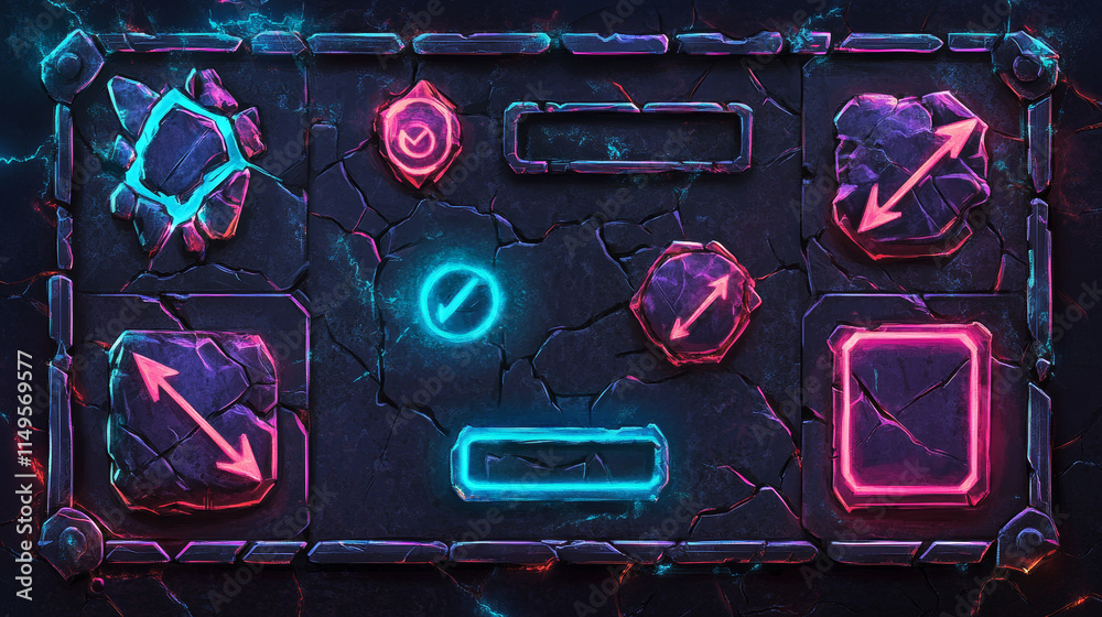 Stone and blue crack neon light game button sprite ui interface icon ...