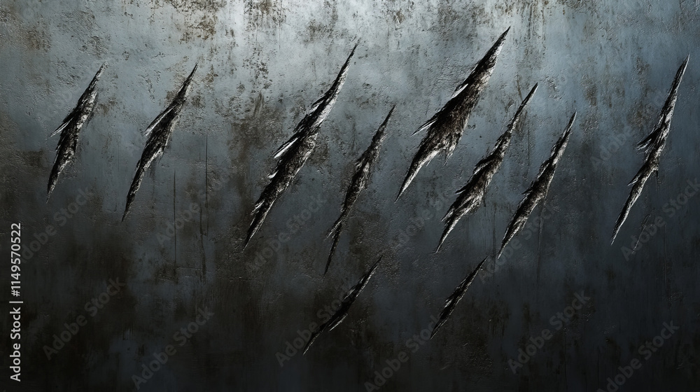 Claw marks on metal wall, monster talon scratches on metallic surface ...
