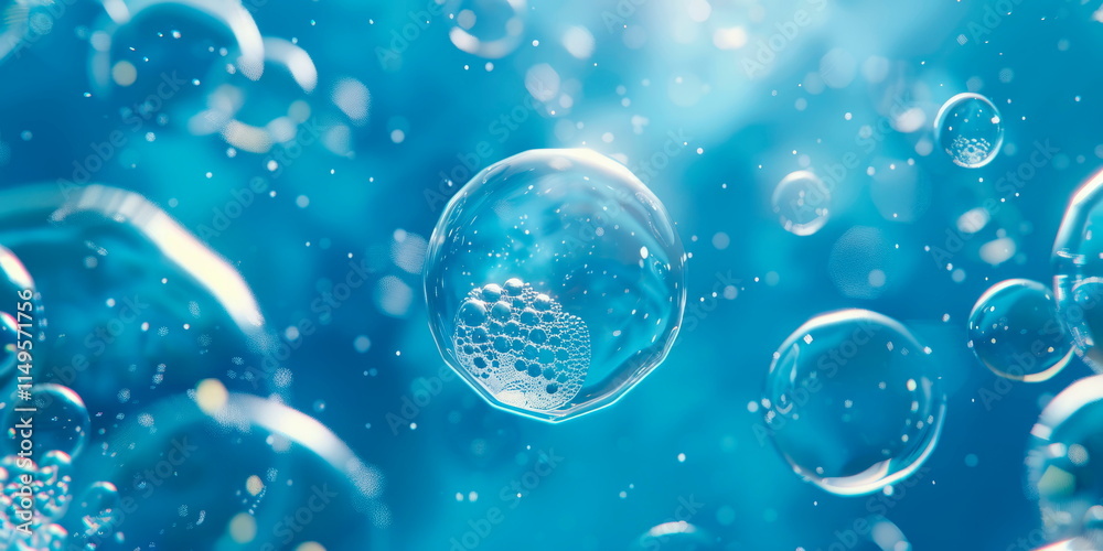 A serene blue background with detergent foam bubbles floating lazily ...