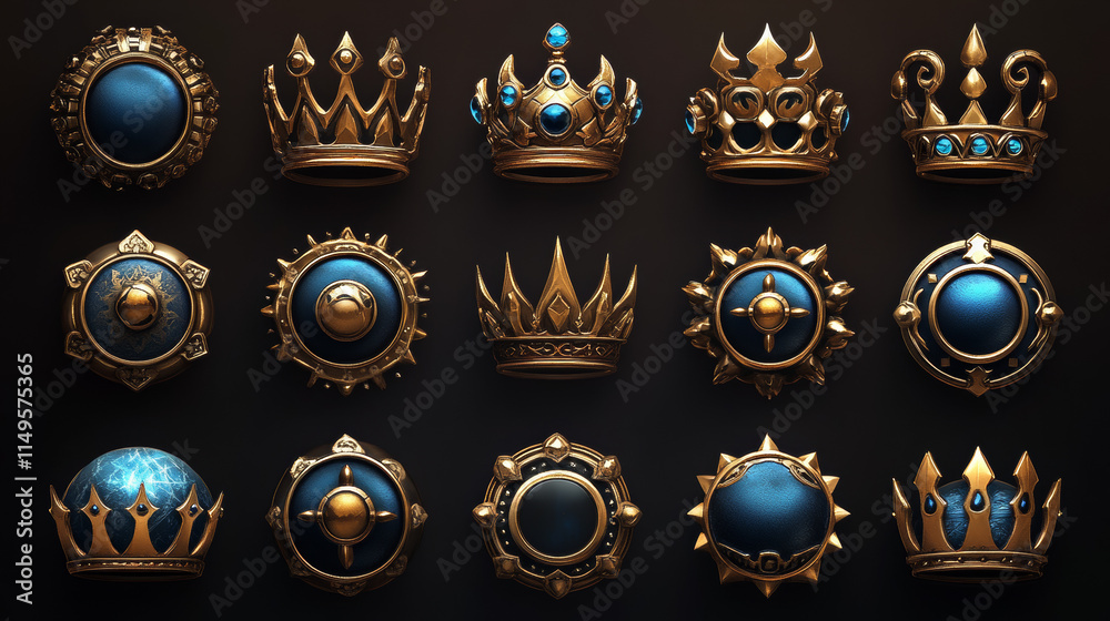 Medieval game button animation sprite with crown cartoon vector set. 2d ...