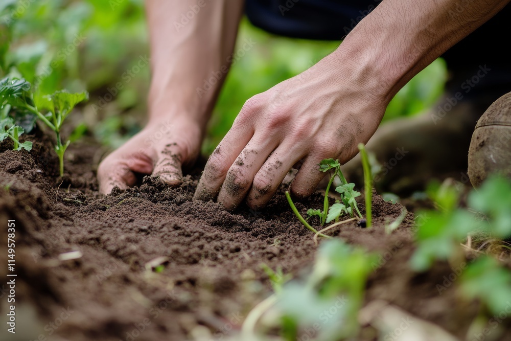 Farmer assessing soil moisture levels on an organic vegetable farm for ...