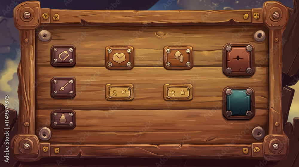 Game menu, wooden gamer ui panel with buttons, cartoon interface with ...