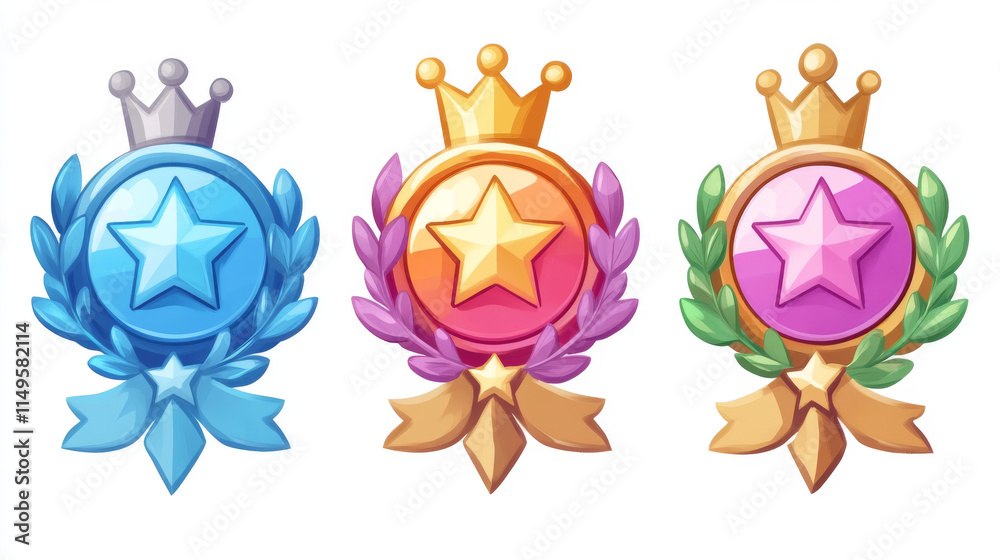 Ilustración de Stock Game level icons, silver medals, stars, ui badges ...