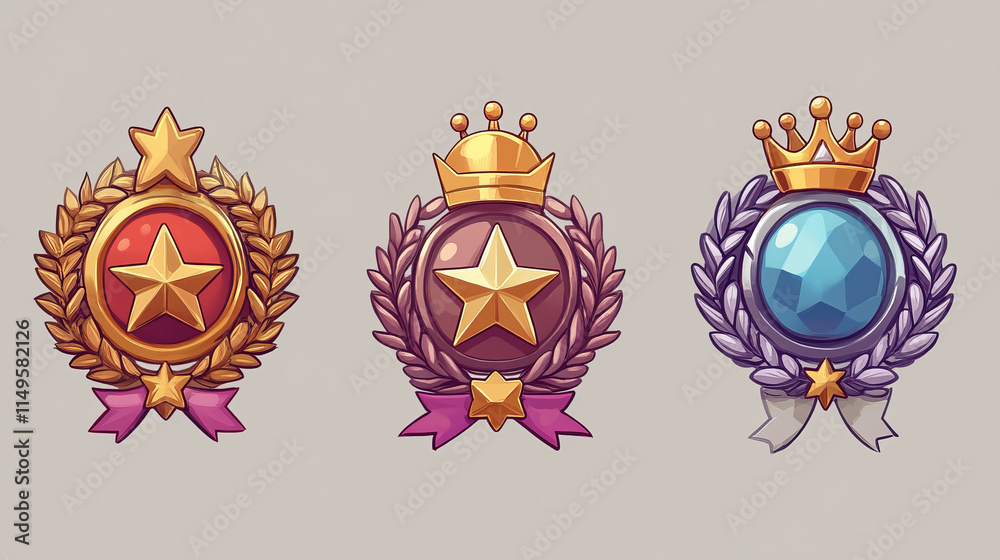 Game level icons, silver medals, stars, ui badges with wings, laurel ...