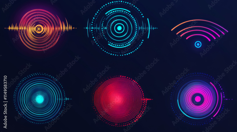 Realistic color set of radio wave signal sign isolated on transparent ...