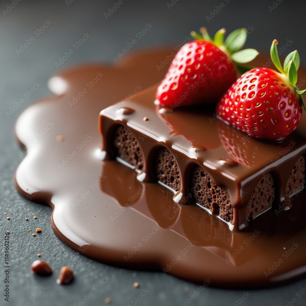 Melted chocolate on a surface with fruit garnish, gooey melted ...