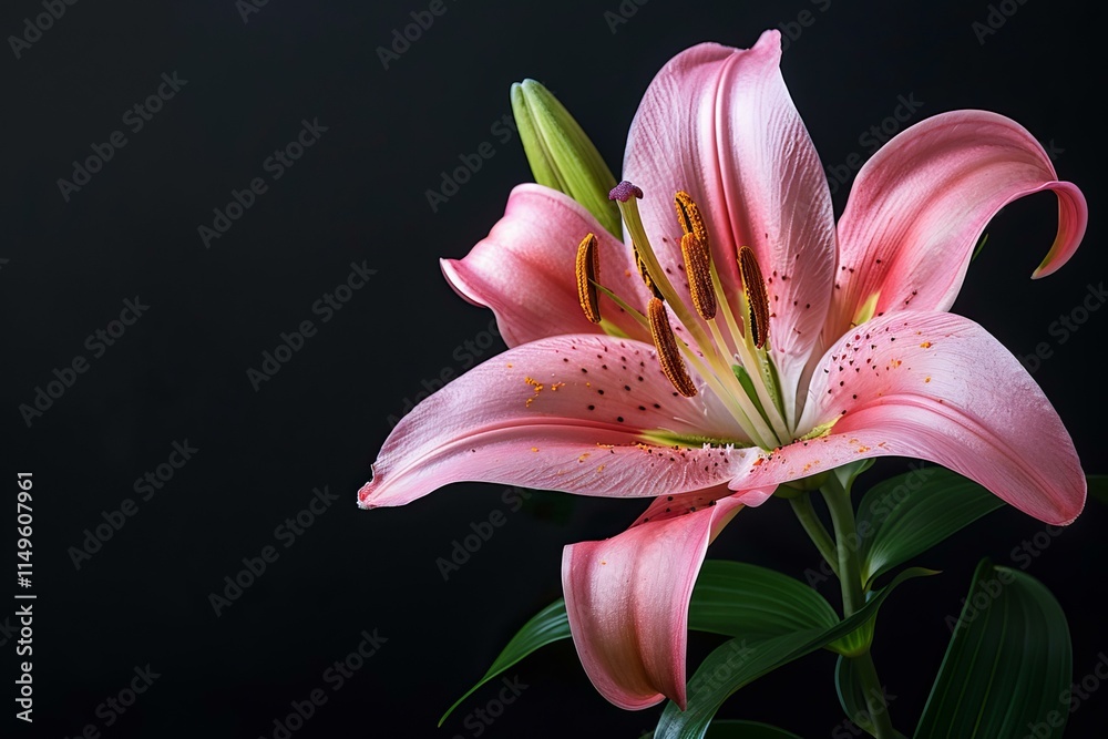 Pink lily flower blooming and showing anthers, filaments, petals and ...
