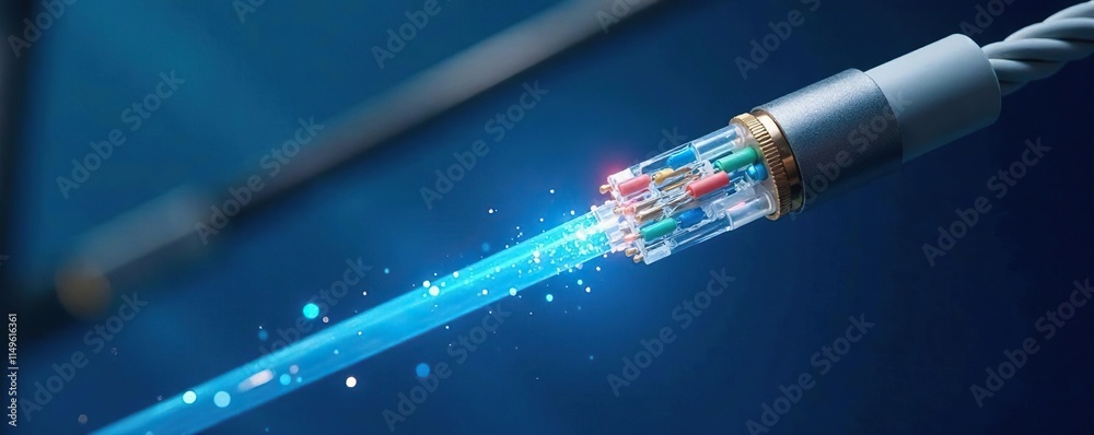 High speed fiber optic cable hanging from a metal power line on a blue ...