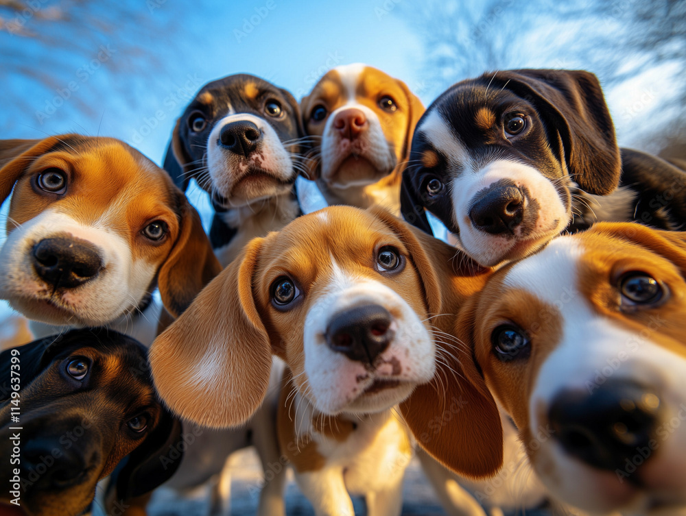 Viewed from the bottom up, eight Beagle puppies are arranged in a ...
