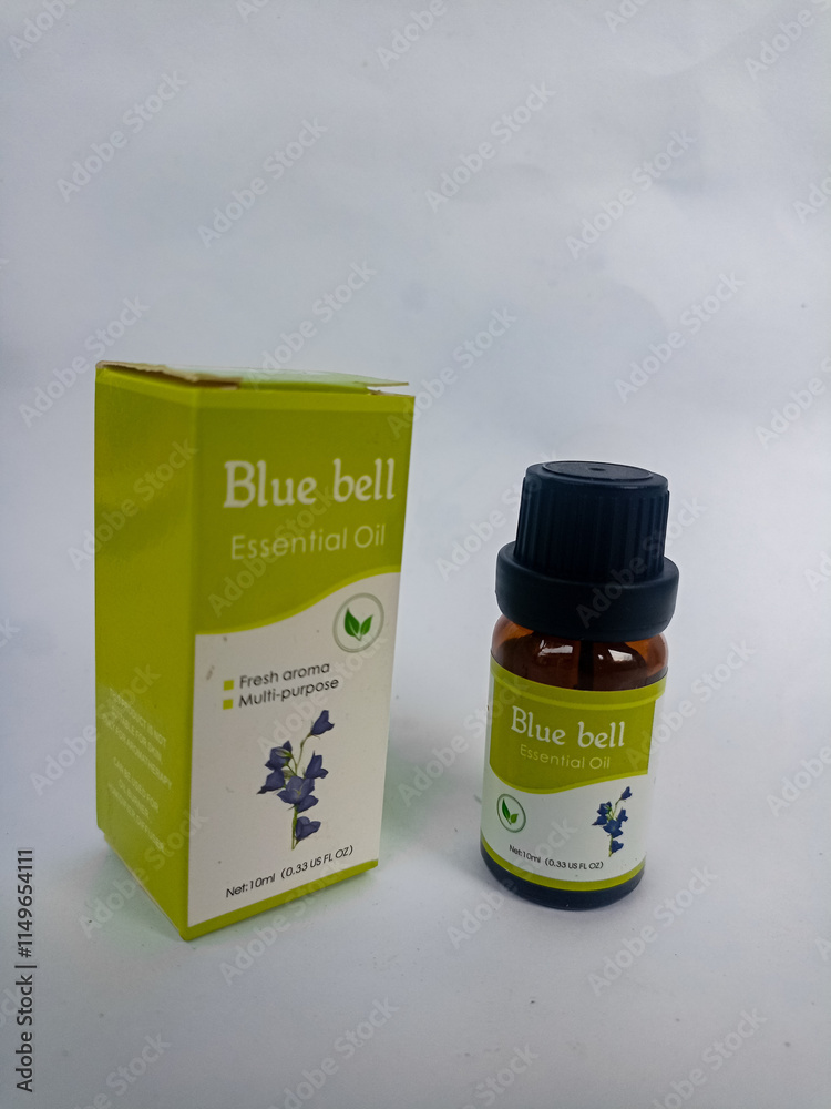 Bottle of essential Blue Bell oil on isolated white Background ...