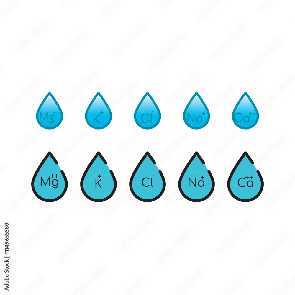 Set of blue electrolyte modern icons - Calcium, Sodium, Magnesium ...