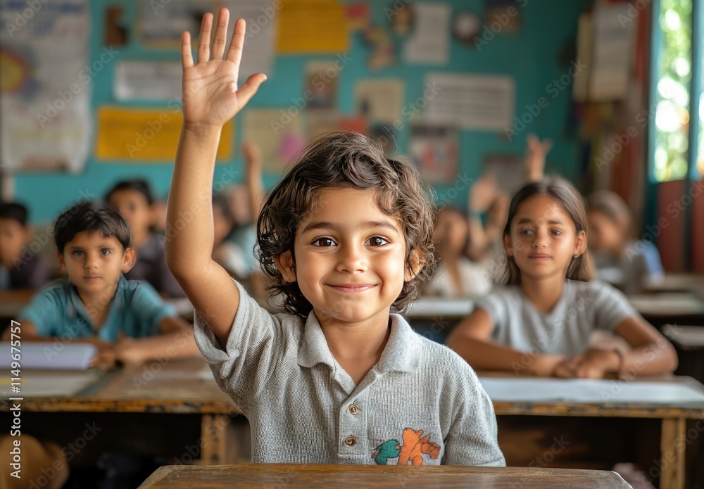 Child raising hand in classroom school setting educational activity ...