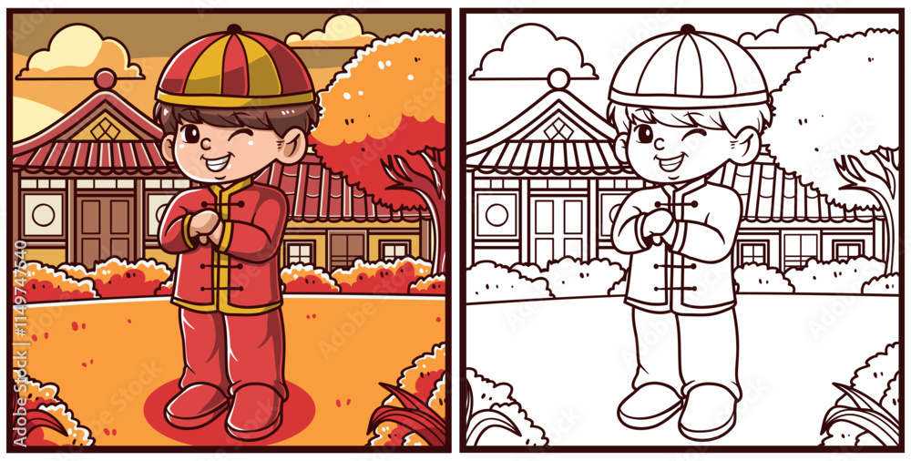 Cute chinese boy coloring page vector illustration Stock Vector | Adobe ...