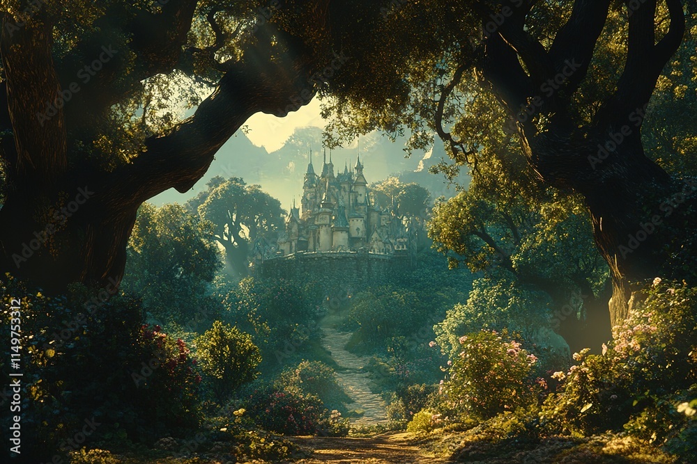 Enchanting Fairy Tale Castle Hidden Within a Sunlit Forest Stock ...