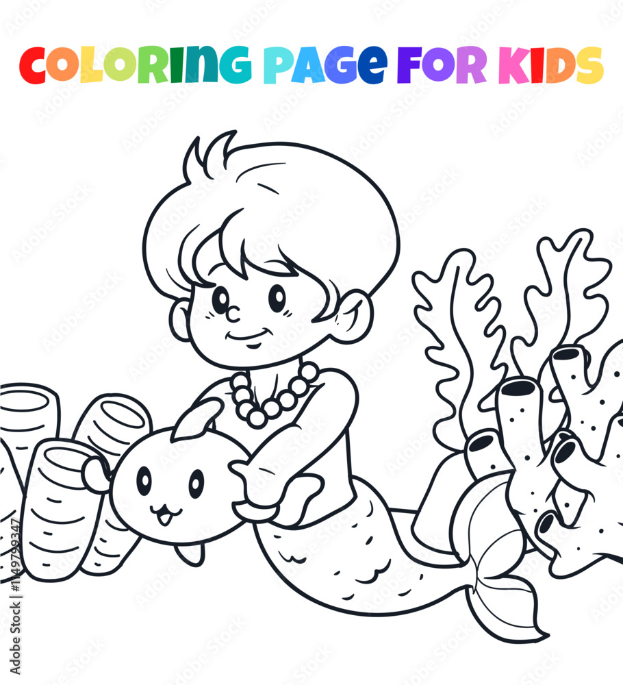 Mermaid boy coloring page vector illustration Stock Vector | Adobe Stock
