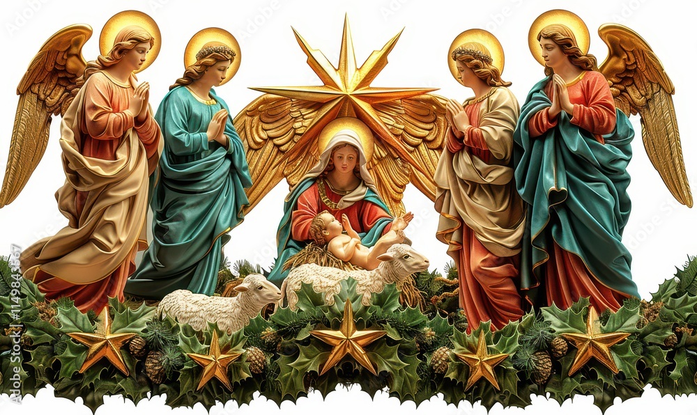 Joyous celebration of the nativity with the holy family, angels, and ...