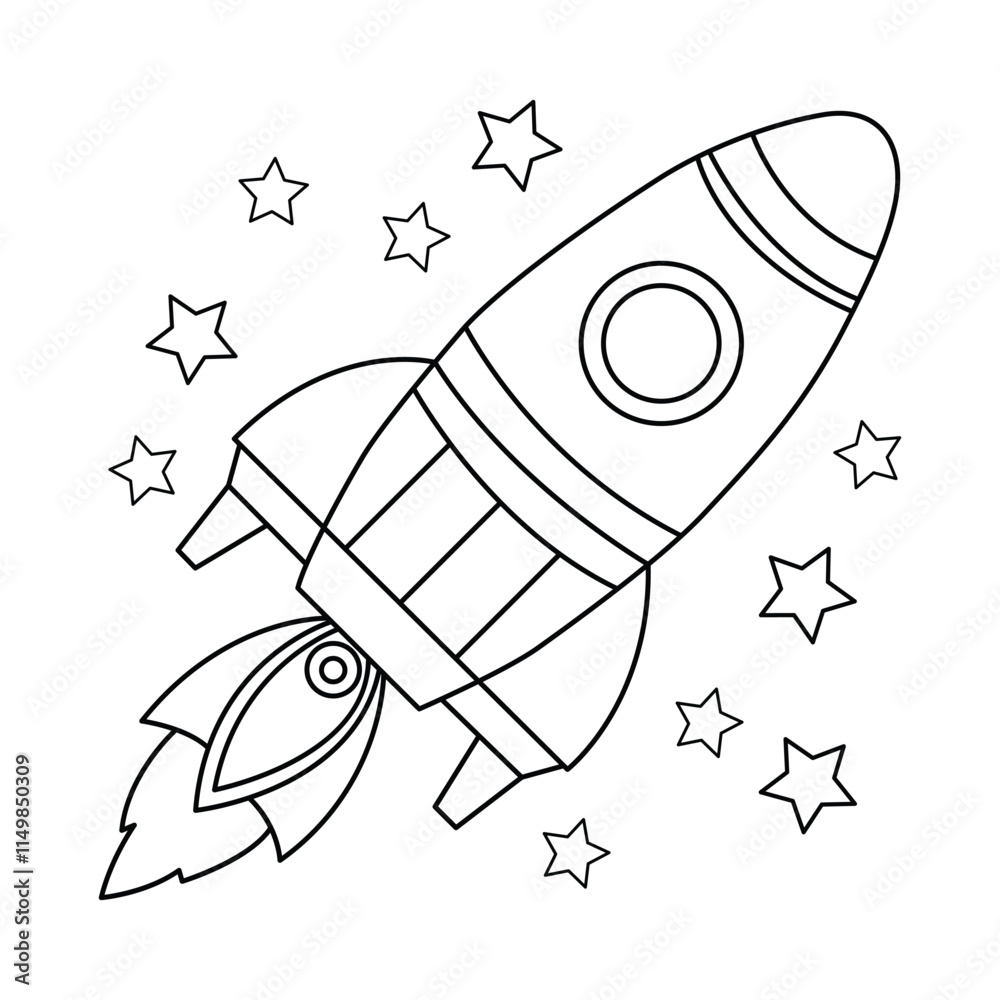 Rocket coloring page for kids Hand drawn single line art vector outline ...
