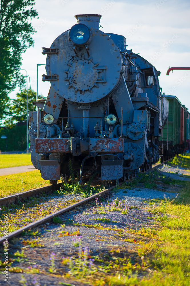 Historic steam engine, front view with rustic details at Estonian ...