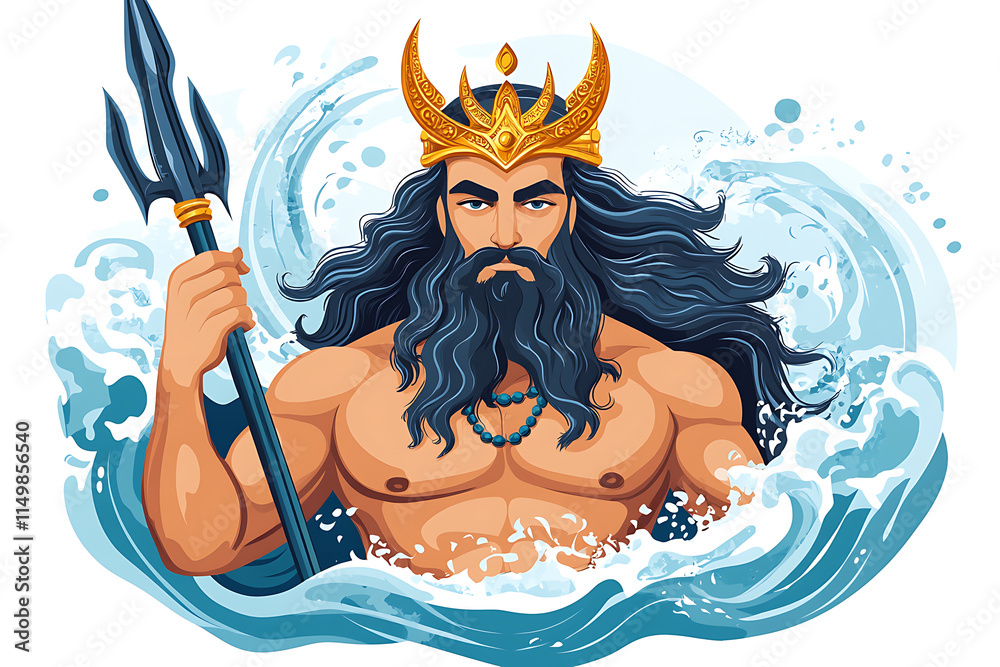 Poseidon, the Greek god of the sea, earthquakes, and horses, portrayed with a majestic trident ...