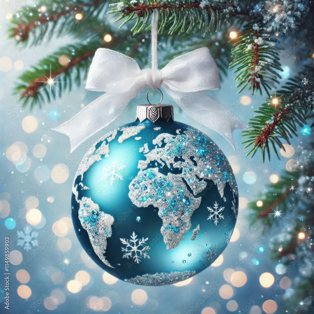 Glass transparency Christmas bauble with world map pattern blue glitter ...