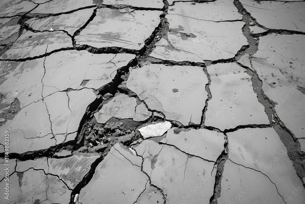 Damaged asphalt road surface with large cracks showing earthquake ...