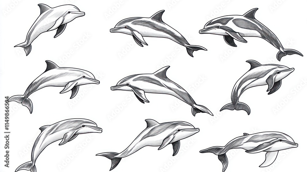 Ten grayscale drawings of dolphins in various swimming poses. Stock ...