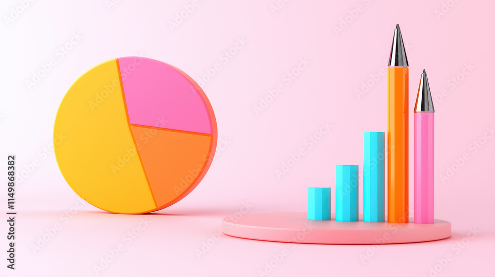 Colorful pie chart and bar graph with pens on pastel background Stock ...