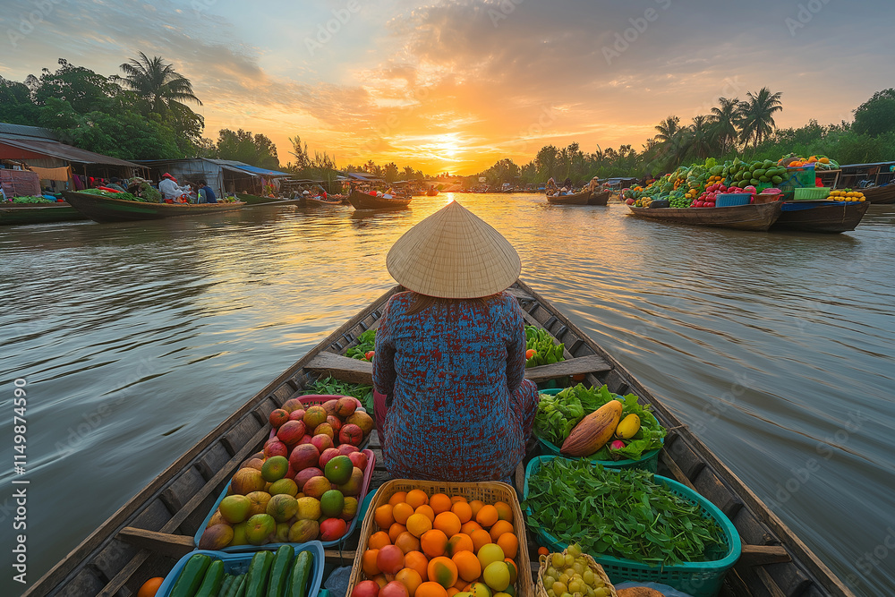 Rustic floating market in a rainforest, with rowing boats carrying ...