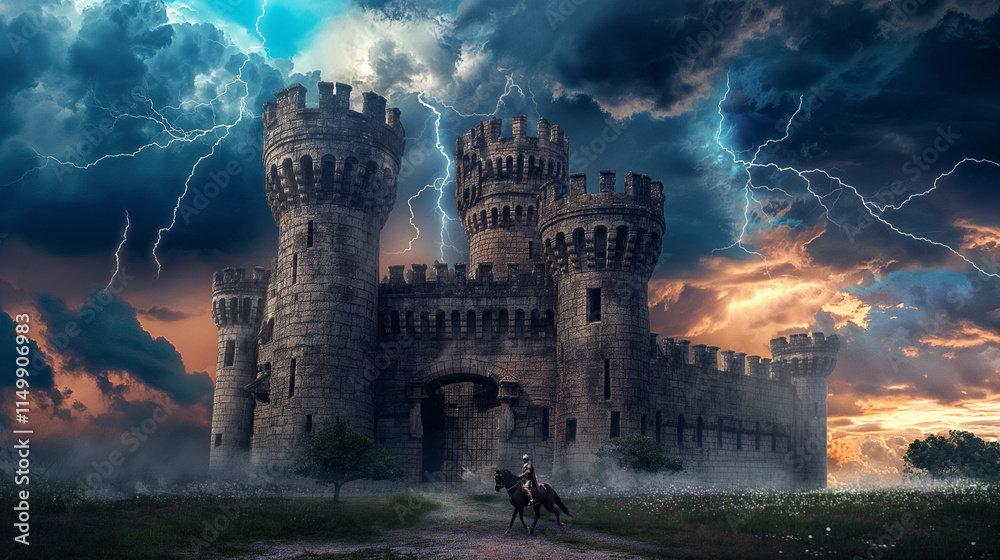 A towering medieval castle surrounded by storm clouds, with a knight on ...