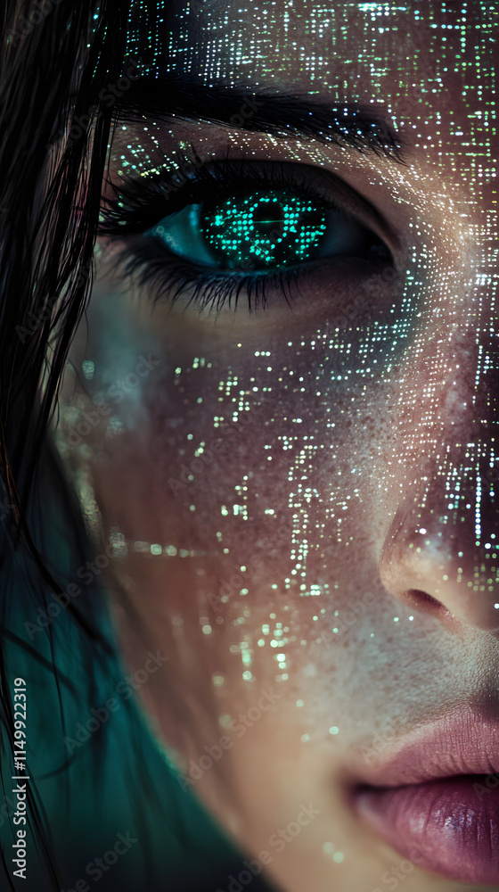 Female face with matrix digital numbers artifical intelligence AI theme ...