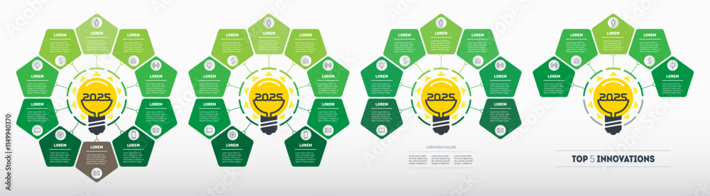 Set of infographics with 10, 9, 7 and 5 parts. Bright Ideas for 2025. A ...