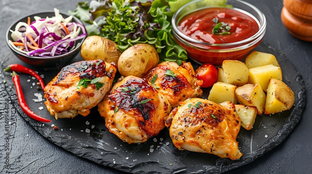 On a black stone platter holiday fast food consists of roast chicken ...