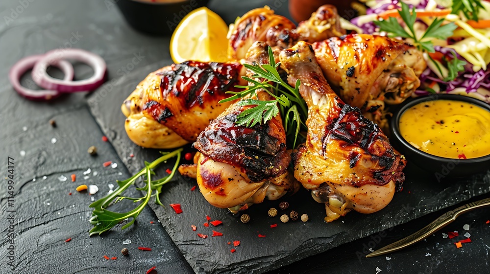 On a black stone platter holiday fast food consists of roast chicken ...