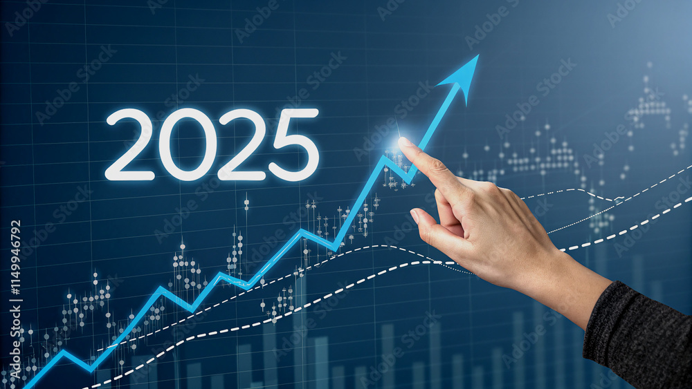 hand pointing towards the year 2025 on a futuristic digital display ...