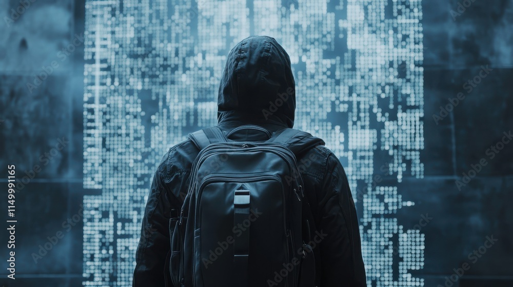 Hacker in a black hood and a backpack standing in front of a wall full ...